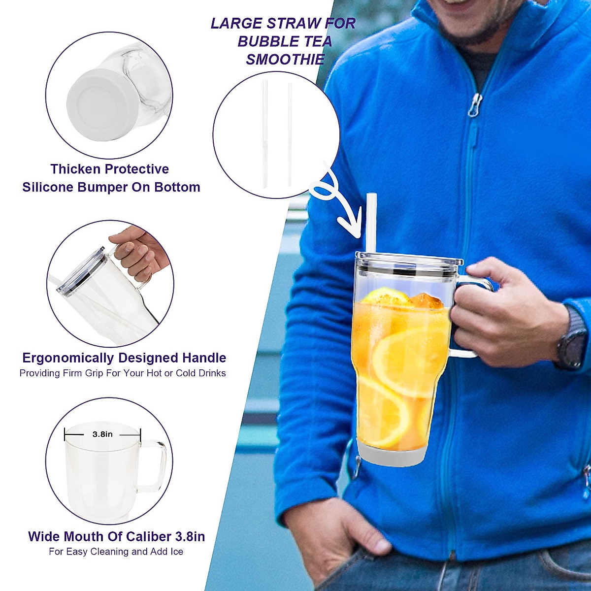 Zukro 32 oz Drinking Glass Tumbler with Handle, Iced Coffee Cup with Straw and Lid, Reusable Glass Bubble Tea Water Cup With Silicone Bumper, Fits In Cup Holder, Dishwasher Safe, BPA Free, Watermelon