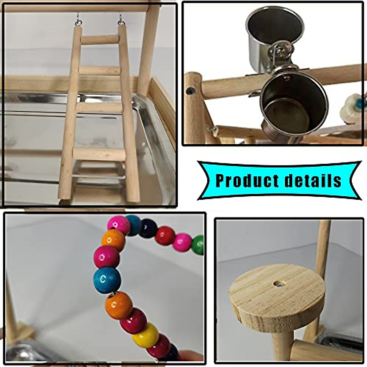 Parrots Playground, Bird Play Gym Wood Perch Stand Colours Revolving Climb Ladders Swing Chewing Toys with Parakeet Feeding Cups Exercise Activity Center for Conure Cockatiel Lovebirds(Include a Tray)