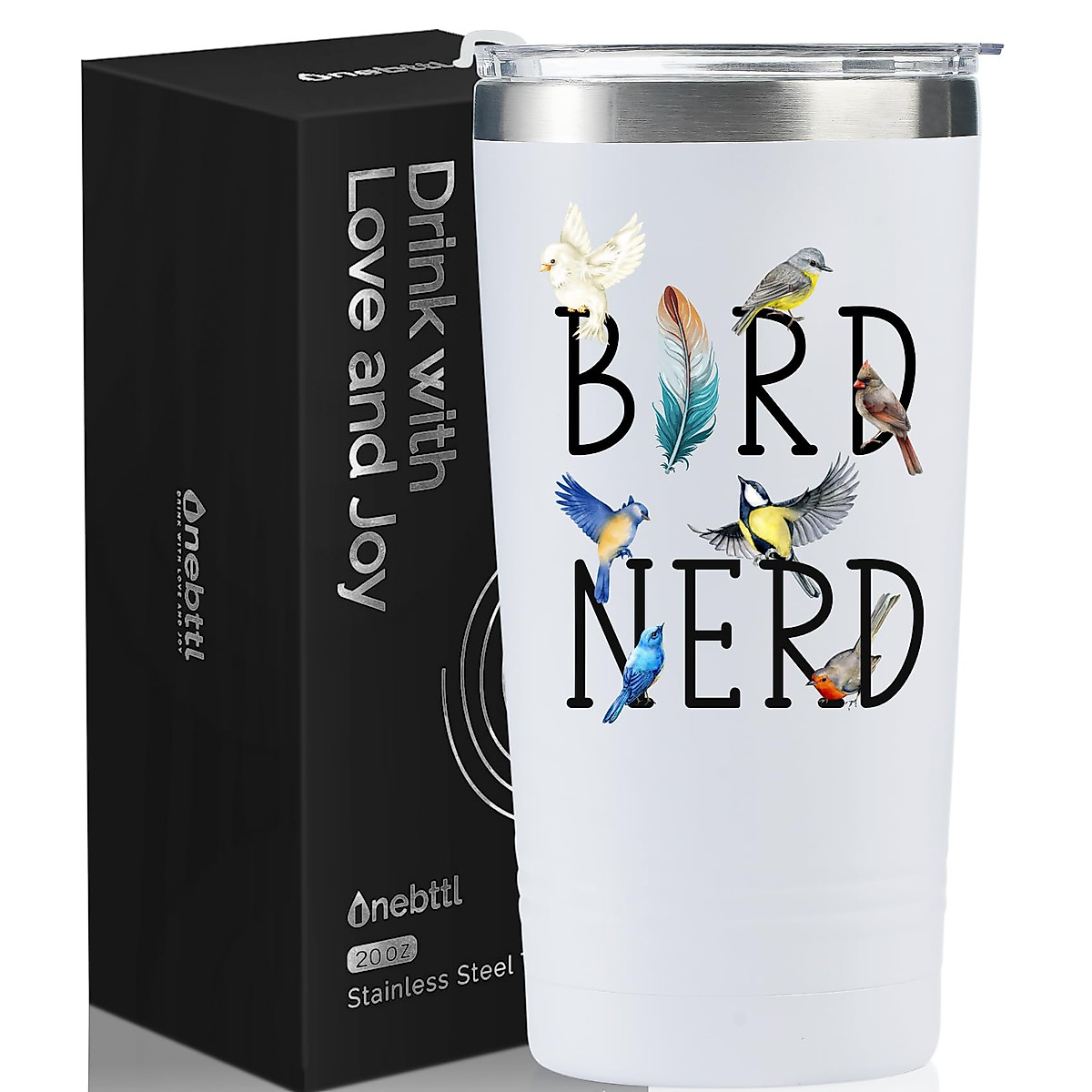 Onebttl Bird Watching Gifts, Bird Watching Tumbler for Bird Lovers & Bird Watchers, 20oz Stainless Steel Insulated Tumbler with Lid & Straw, Gift Card & Box Included, Birthday Gift, White - Bird Nerd
