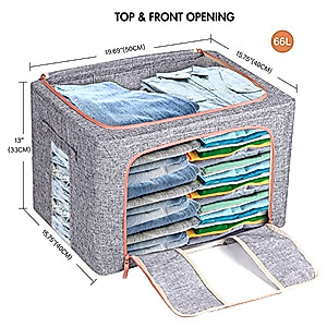 Tasmegol 2 Pack 66L Foldable Clothes Storage Bins Box Stackable Metal Frame Closet Organizer with Clear Windows Carry Handles Linen Fabric Containers Bags for Beddings/Quilt