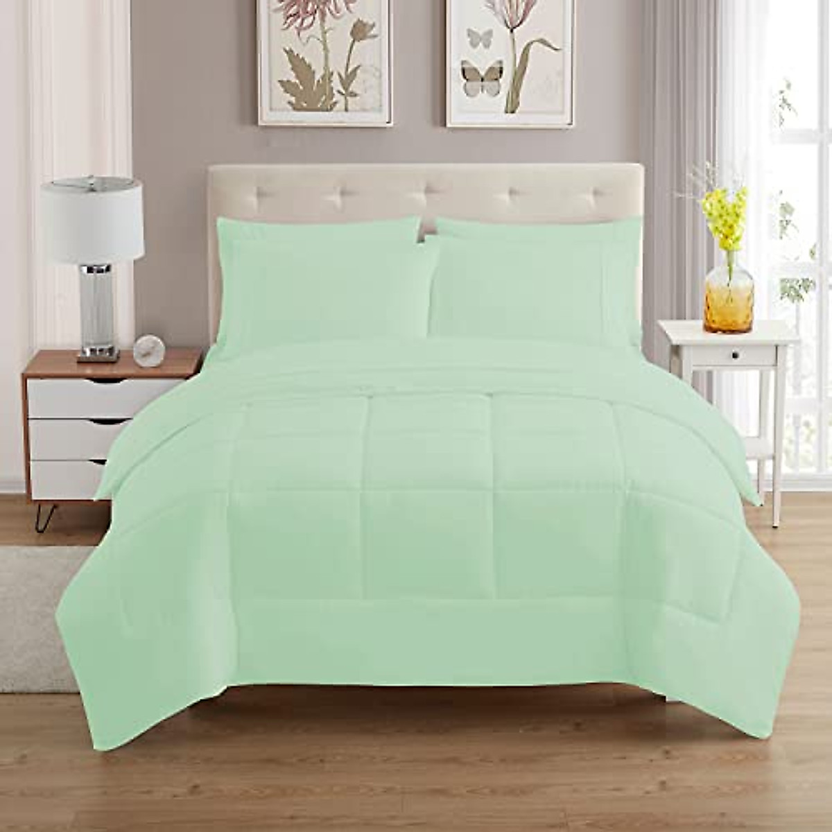 Sweet Home Collection 7 Piece Comforter Set Bag Solid Color All Season Soft Down Alternative Blanket & Luxurious Microfiber Bed Sheets, Mint, Twin