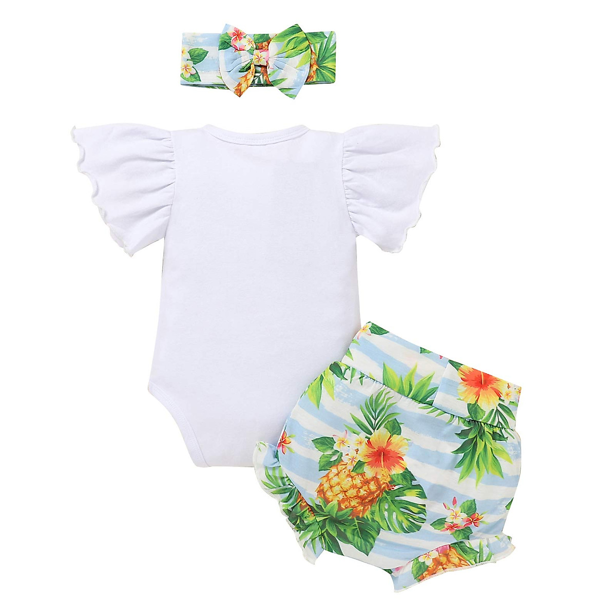 IMEKIS Aloha Beaches Pineapple Outfit Baby Girl Ruffle Sleeve Romper Shorts Pants Headband Hawaii Summer Themed fruits 1st Birthday Coming Home Clothes Newborn Hawaiian Themed Baby Shower 6-9 Months