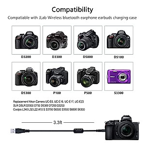 Replacement Nikon Camera UC-E6, UC-E16, UC-E17, UC-E23 USB Cable Transfer Charging Cable Cord for Nikon SLR DSLR D3300 D750 D5300 D7200 D3200 & Coolpix L340 L32 L22 A10 S S3700 S6500 S3500 S6600 S6300