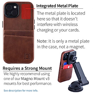 Dockem Card Case for iPhone 15 with Built-in Metal Plate for Magnetic Mounting & 2 Card Holder Pockets: Exec M2 Premium Synthetic Leather Wallet Case (iPhone 15, Brown)