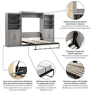 Bestar Pur Queen Murphy Bed with Closet Storage Organization, Platinum Gray 136-inch Sleeping Arrangement for Multipurpose Room with Wardrobe Organizers
