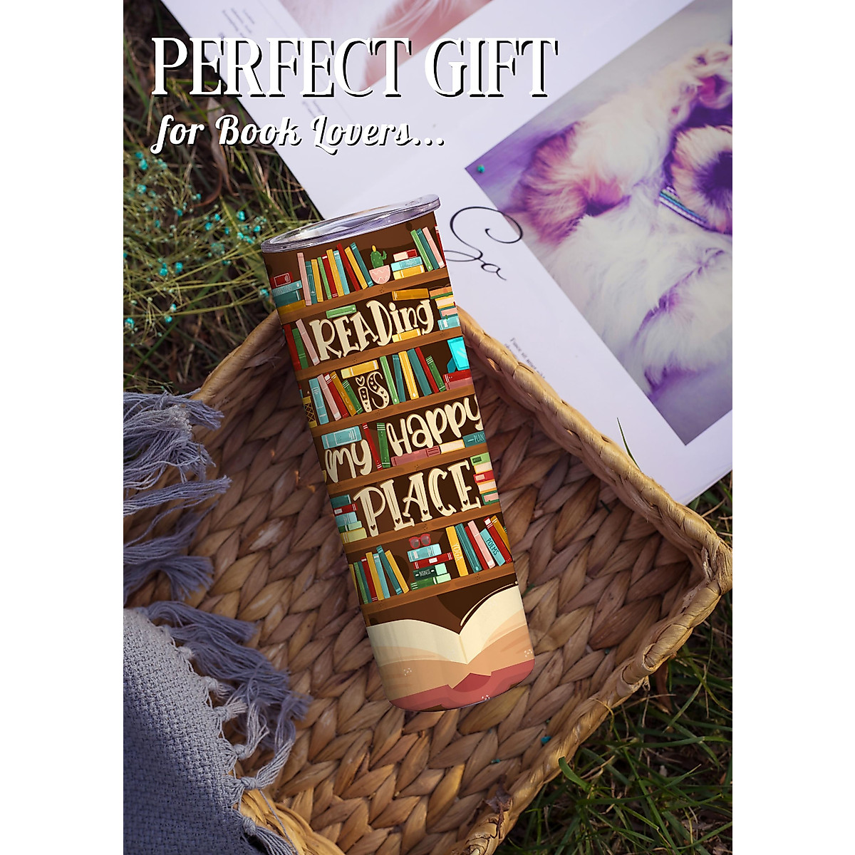 Onebttl Book Lovers Gifts For Women - 20oz/590ml Stainless Steel Insulated Tumbler with Straw, Lid - Reading Gifts for Book Worm, Librarians, Readers - Bookshelf