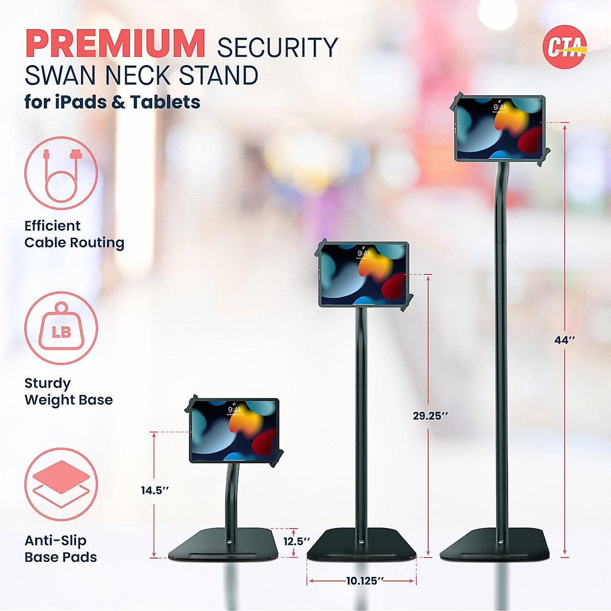 Kiosk Stand Neck - CTA Premium Height-Adjustable Floor-to-Desk Security Kiosk Stand Neck for iPad 7th/ 8th/ 9th Gen 10.2", iPad Pro 12.9", Surface Pro 4, Galaxy Tab S3, & 7-14" Tablets (PAD-PARASW)