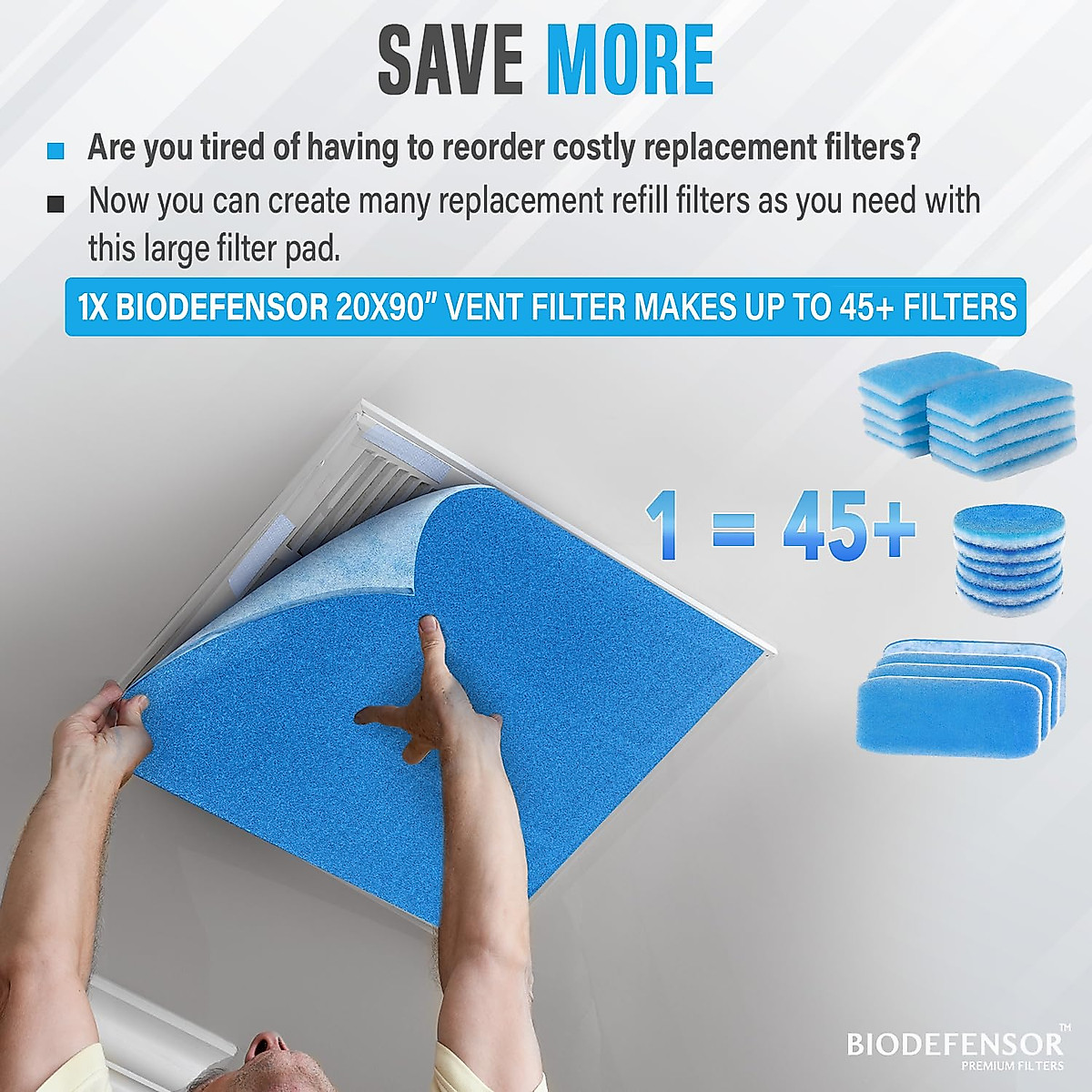 Biodefensor Air Vent Filter Kit - Made in USA Large 90"x20" MERV 6 Electrostatic Roll, Cut to Fit All Floor Registers, Grilles, Ceiling, Wall HVAC Furnce Vents - Includes Adhesive Hook Tape, Prep Pad