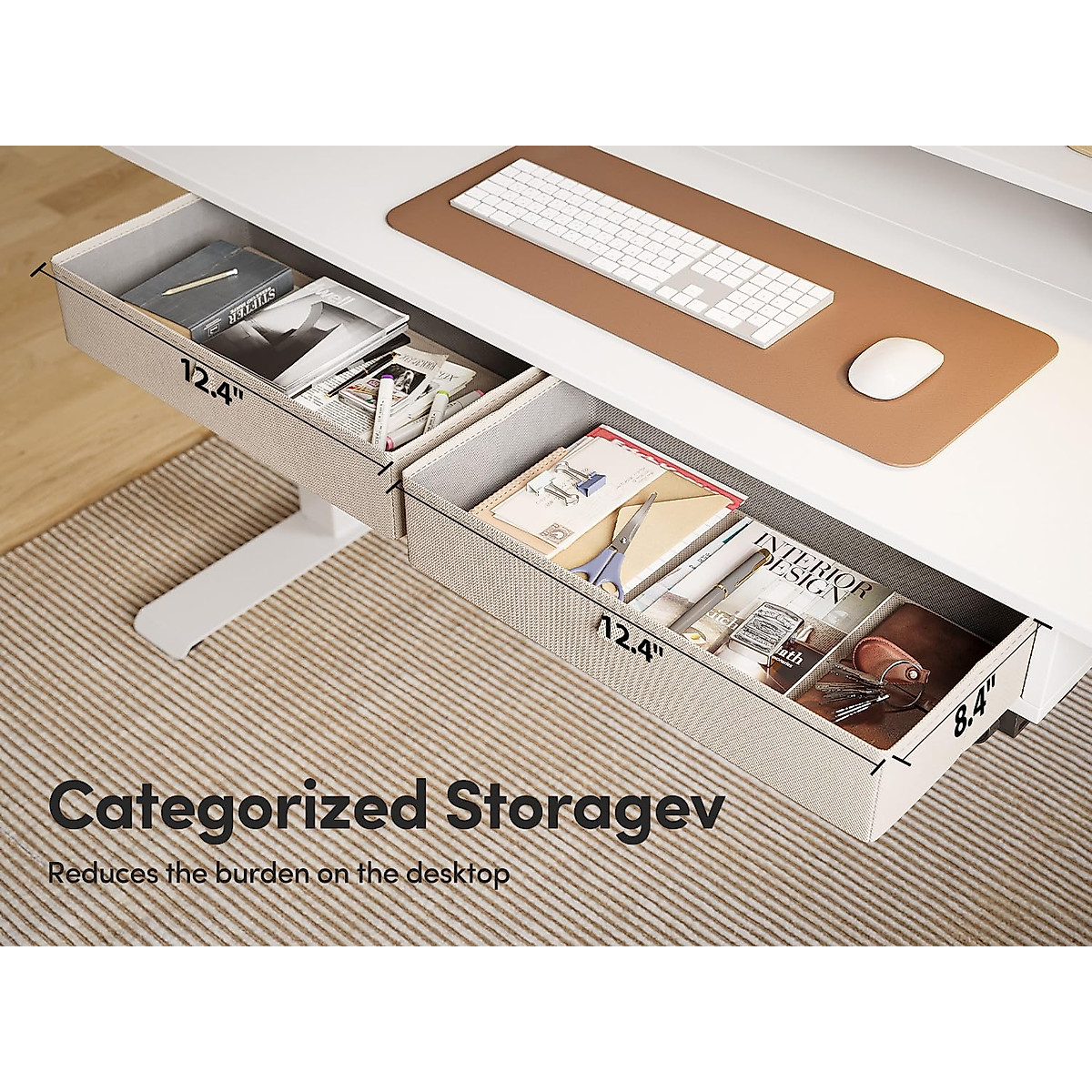 BANTI Height Adjustable Electric Standing Desk with 4 Drawers, 48 x 24 Inch Table with Storage Shelf, Sit Stand Desk, White Top