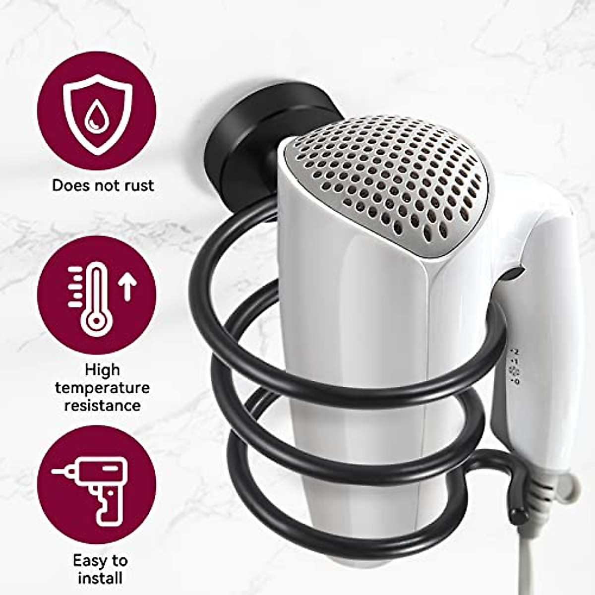 YUET Hair Dryer Holder Hairdryer Station Wall Mounted Stand Hanger Rack Blow Spiral Aluminum Construction Black Painted Shelf Storage for Bathroom Shower Room