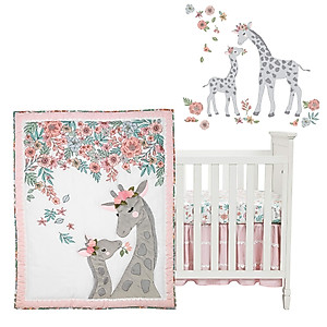Lambs & Ivy Giraffe and a Half Pink/Gray 4-Piece Nursery Baby Crib Bedding Set