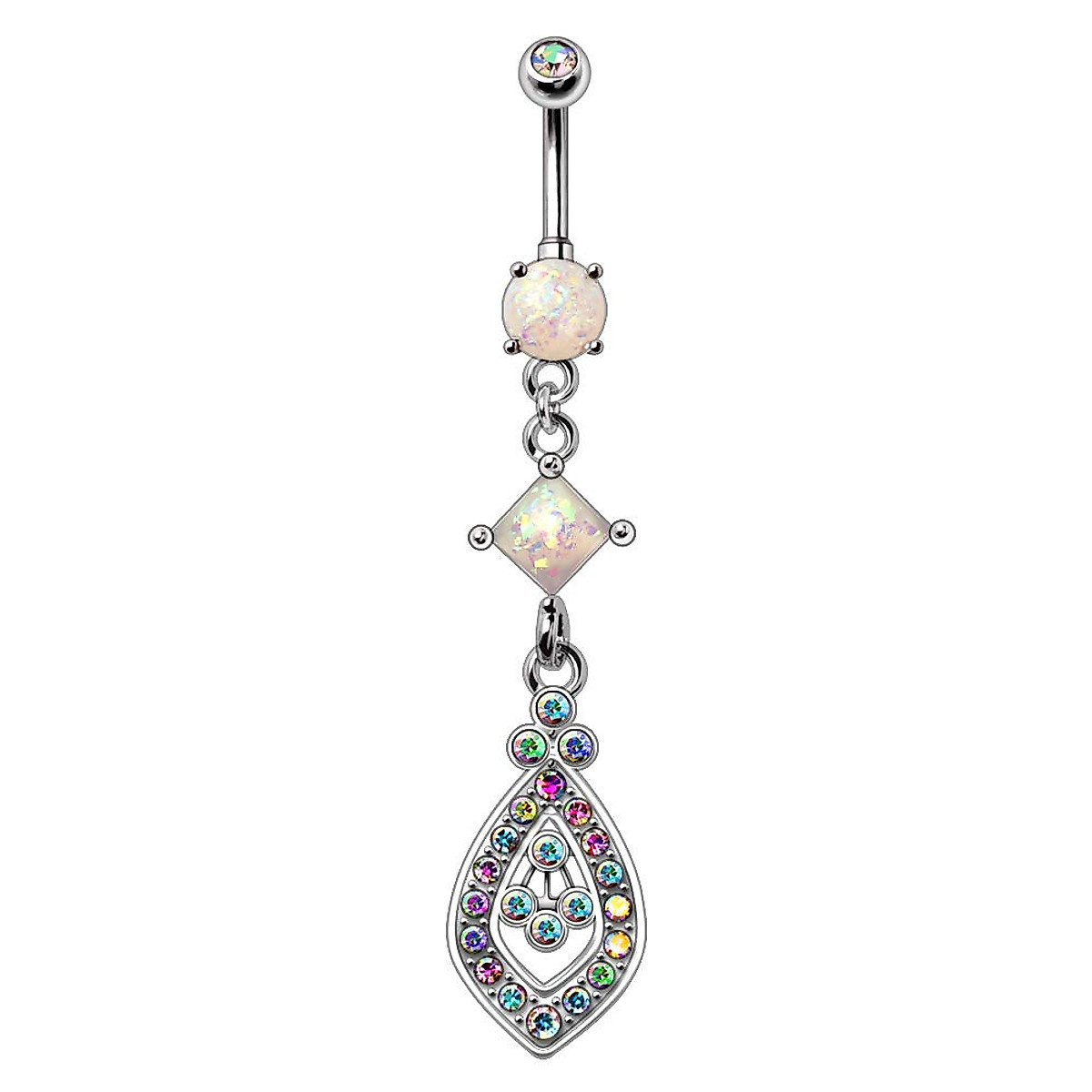Amelia Fashion 14GA Opal & Aurora Teardrop Externally Threaded Belly Button Ring Dangle Belly Button/Navel Ring Double Jeweled 316L Surgical Steel (Aurora Borealis)