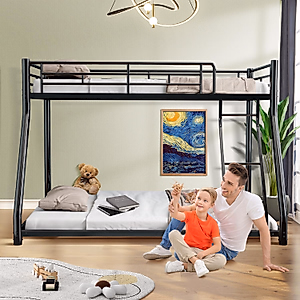 Cyranture Bunk Bed Twin Over Full Size, Twin Over Full Bunk Beds with Ladder & Guardrail Heavy Duty Bunk Beds Frame for Teens Adults Dorm Bedroom Guest Room, No Box Spring Needed, Black