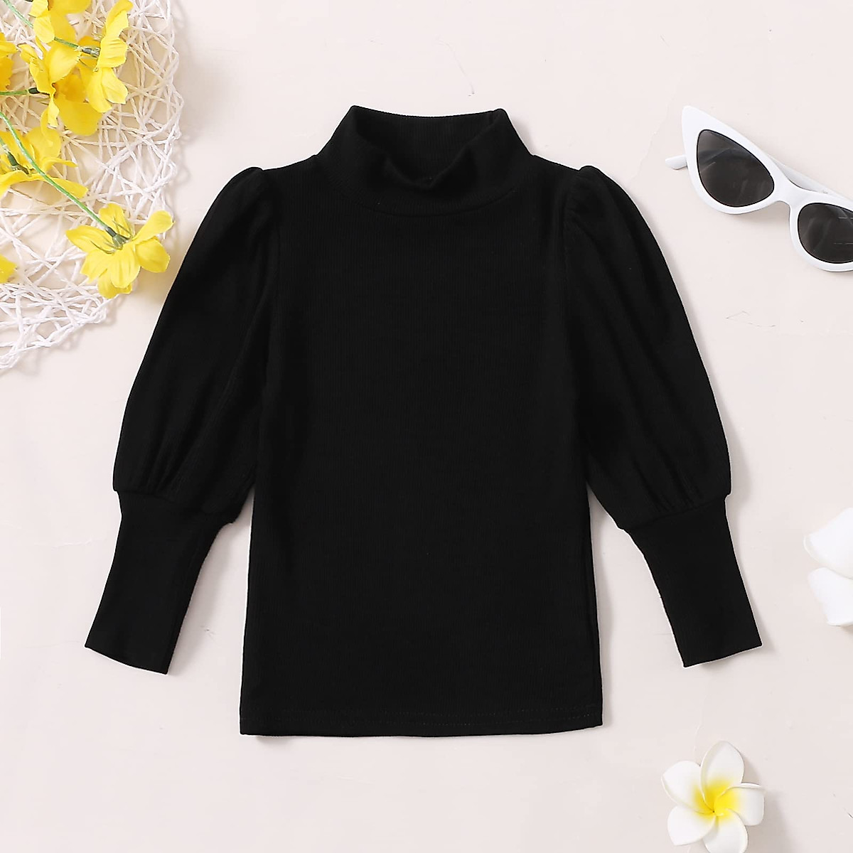 Kid Toddler Baby Girl Basic Solid Turtleneck T-Shirt Blouse Top Puff Long Sleeve Pullover Fall Winter Clothes (Black, 7-8 Years)
