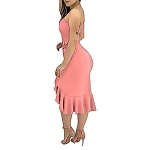 Maxi Dresses for Women,2023Spring Summer Sexy One Shoulder Sleeveles Satin Cocktail Dresses, Trendy Ruched Bodycon Ruffle Dresses, Sexy Guest Party Evening Dresses(Pink,L)