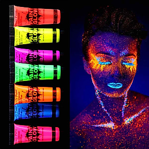 COKOHAPPY UV & Black Light Face & Body Neon Fluorescent Paint Kit (7/0.34oz), 12 Colors Glow In The Dark Pigment Powder with All Accessories Included