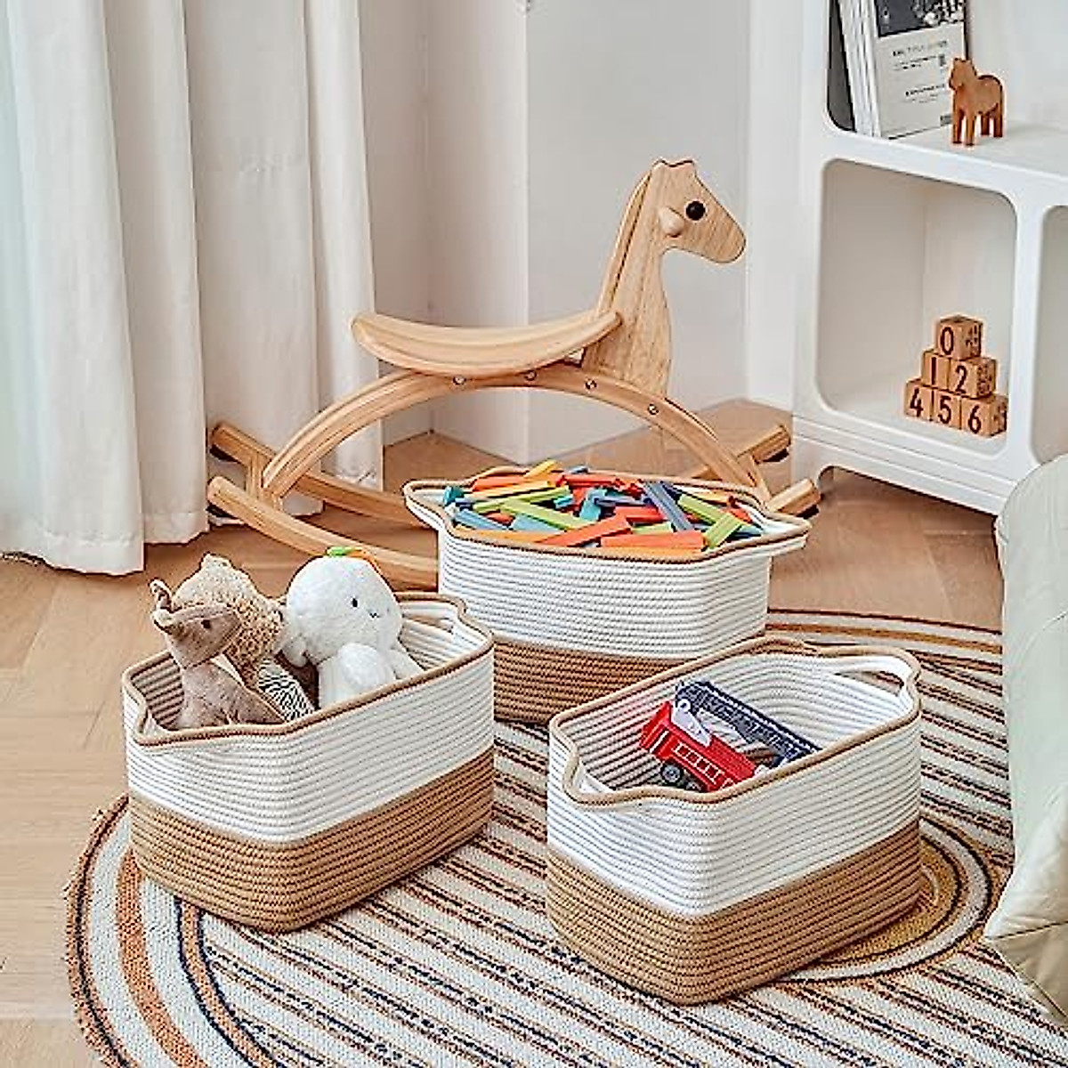 R RUNKA Cotton Rope Storage Basket (15"x10.2"x9.1") - Rectangle Storage Bins - Versatile Toy Storage Organizer - Perfect for Kids, Dog Toys, Books, Shelves - White & Khaki