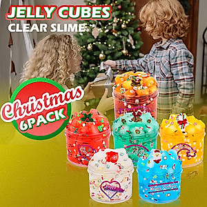6 Pack Crunchy Clear Slime Kit Christmas Crystal Jelly Cube Slime with Xmas Decors Charms, Premade Holiday Bubble Glossy Slime for Girl Boy 10-12, Super Soft Stretchy Sludge, Kid Party Favors