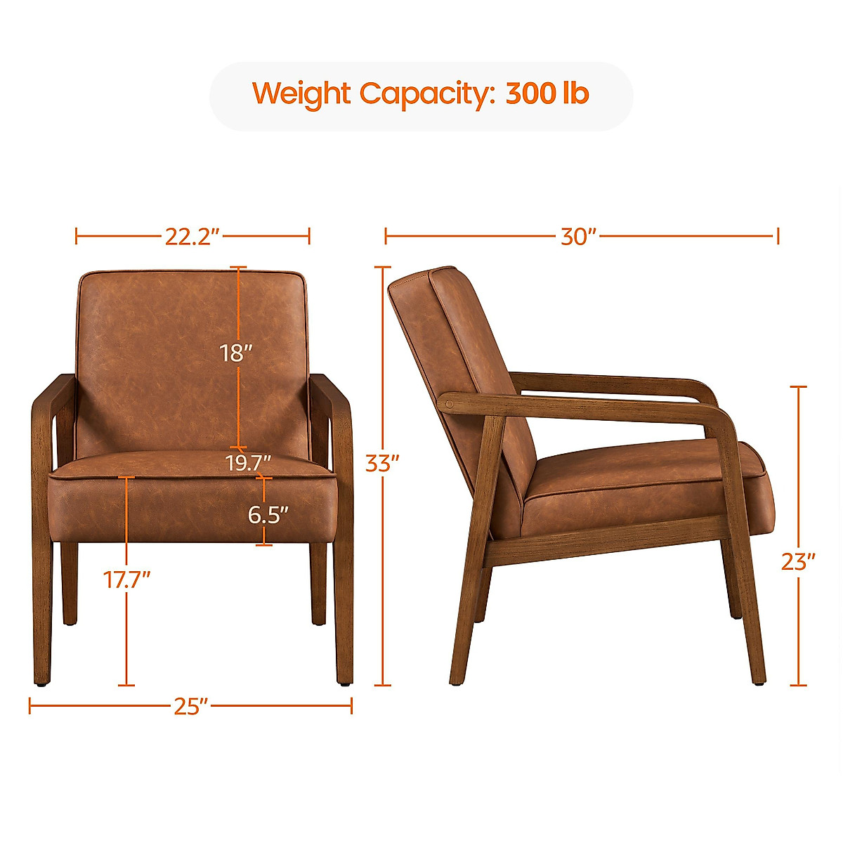 Yaheetech PU Leather Accent Chair, Mid-Century Modern Barrel Chair with Wooden Frame and Soft Thick Padded for Living Room Bedroom Home Office, Light Brown