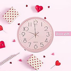 JUSTUP Round Wall Clock, 12 Inch Pink Large Wall Clock for Bedroom, Quality Quartz Modern Silent Clock with Battery Operated, Arabic Quiet Wall Clock Decor for Home Kitchen Living Room Office (Pink)