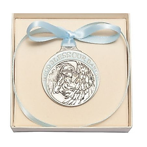 Beautiful Pewter Baby with Angel Crib Medal with Blue Ribbon- Boxed