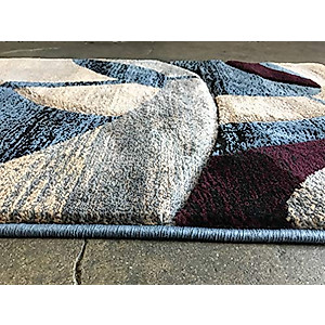 Modern Door Mat Area Rug Contemporary Geometric Blue Burgundy Black & Beige Sculpture Design 248 (2 Feet X 3 Feet 4 Inch)