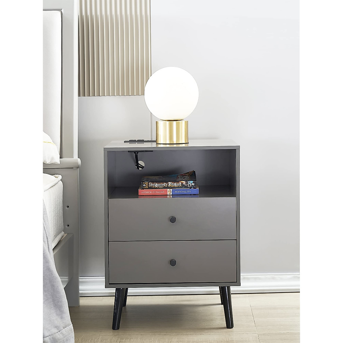 OBRICOL Night Stand,Charging Station Side Table, Functional End Table for Bedroom,Living Room (Grey)