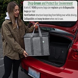 VENO 2 Pack Cooler Bag and Insulated Grocery Bags for Food Delivery, Collapsible Cooler. Reusable Shopping Bags for groceries with Hard Bottom, Zippered Top, Foldable, Heavy-Duty (Gray, 2 Pack)