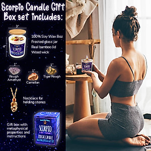 DANCING BEAR Scorpio Zodiac Candle Gift Box Set with 3 Healing Crystals & Stone Holder Necklace, 100% Soy Scented Wax, Crackling Wood Wick, 45 Hour Burn Time