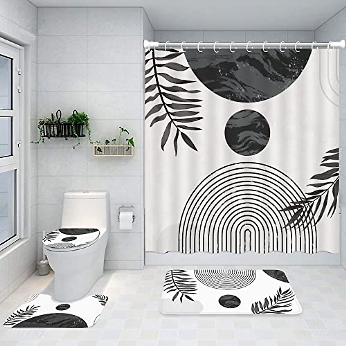 ZYLLGLOW Mid Century Modern Shower Curtain Brown Mid Boho Shower Curtain Set with Rugs, Abstract Black Bathroom Decor Accessories Bathroom Set with Shower Curtain and Rugs Curtain Set