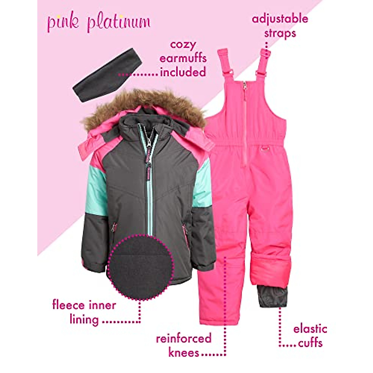 Pink Platinum Girls' Snowsuit - Water Resistant Winter Jacket and Ski Bib Overalls (2T-16), Size 4T, Solid Charcoal