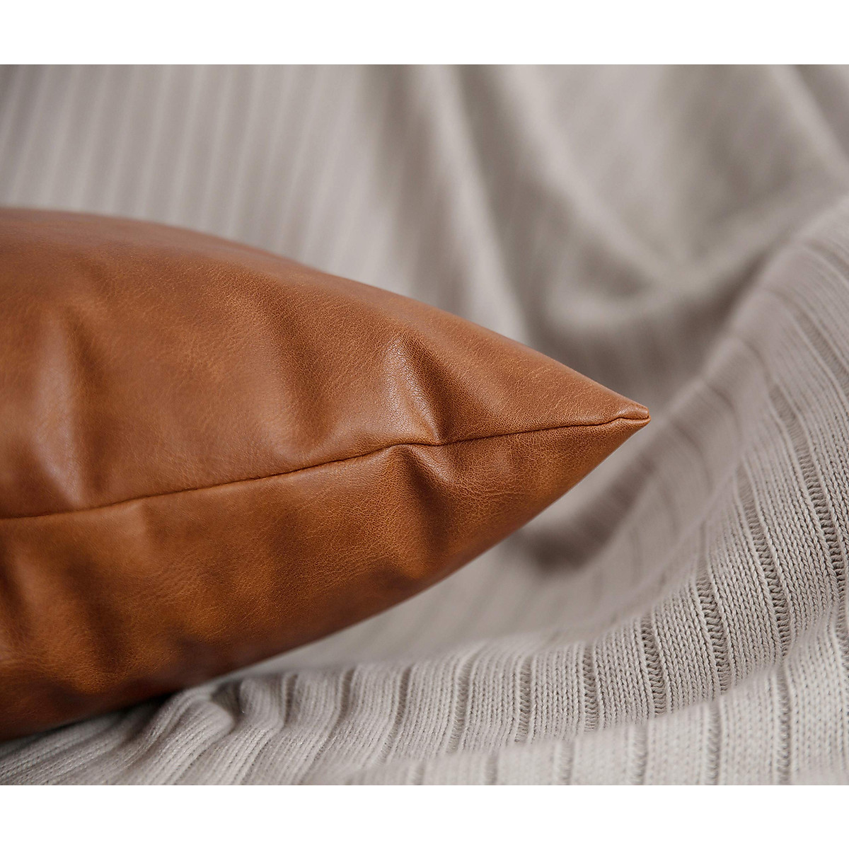 HOMFINER Faux Leather Throw Pillow Covers, 18 x 18 inch Set of 2 Thick Cognac Brown Modern Solid Decorative Square Bedroom Living Room Cushion Cases for Couch Bed Sofa