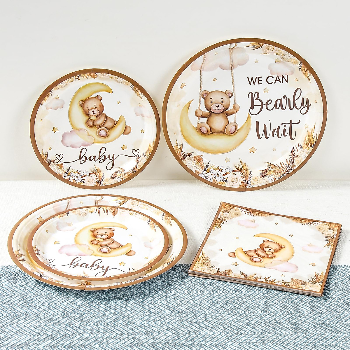 DataMoon Teddy Bear Baby Shower Decorations - 97 Pcs We Can Bearly Wait Tablecloth Baby Shower Plates and Napkins Party Decor Supplies Severs 24 for Boy Girl Gender Reveal, Happy Birthday Decorations