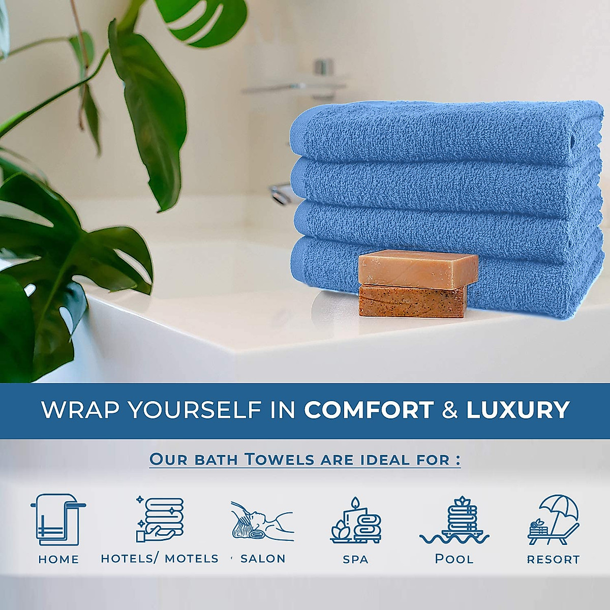 DAN RIVER 100% Cotton Economy Bath Towels Set Pack of 6| Super Absorbent Quick Drying Hotel Quality Towels for Home, Gym, Spa & Daily Use | Medium Blue, 22”x44”, 400 GSM
