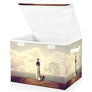 Kigai Old White Lighthouse Storage Basket with Lid Collapsible Storage Bin Fabric Box Closet Organizer for Home Bedroom Office 1 Pack