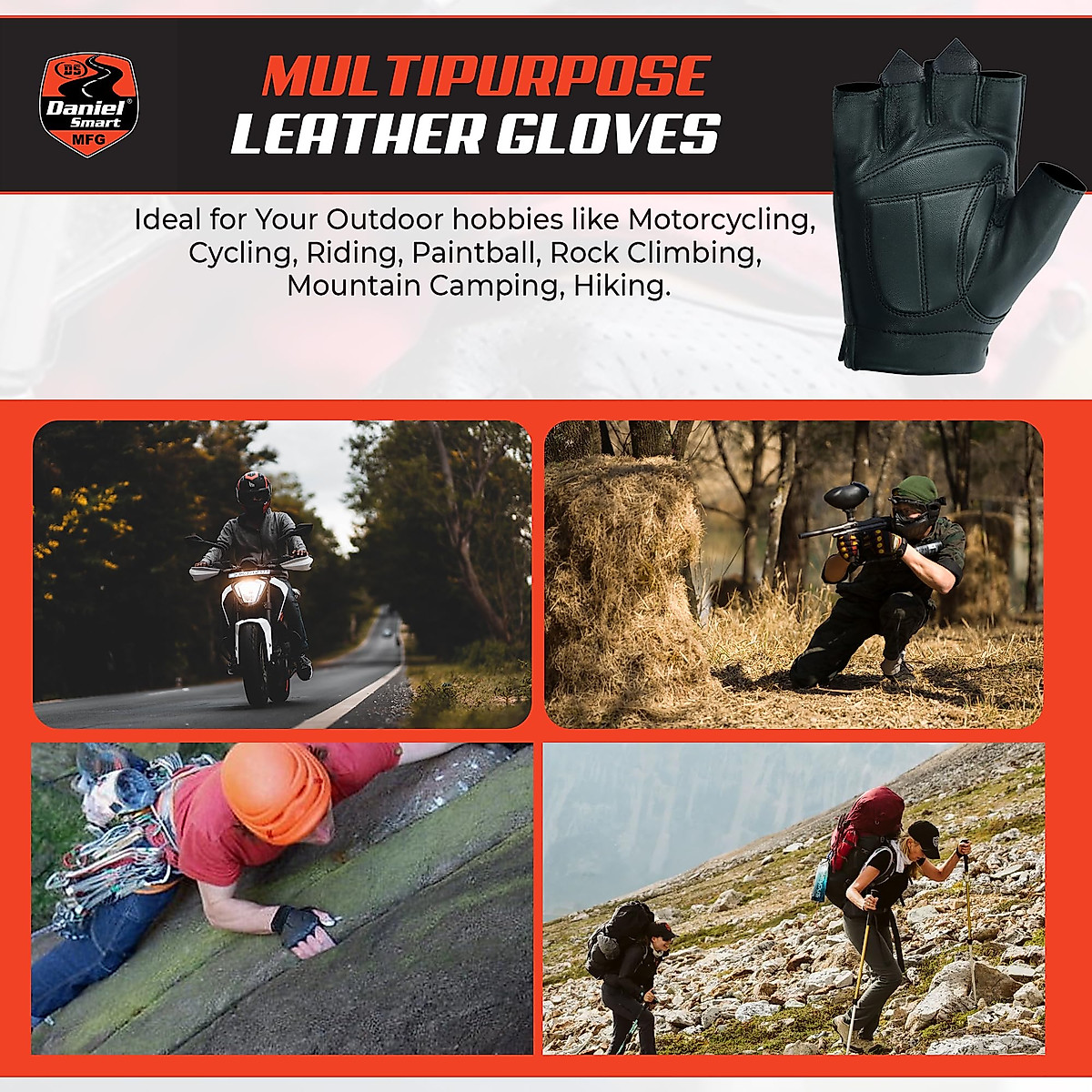 Daniel Smart Deerskin Leather Motorcycle Gloves for Men Fingerless Biker Gloves with Gel Palm and Wrist Strap