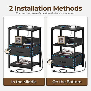 Seventable Nightstand with Charging Station, LED Bedside Table with Adjustable Fabric Drawer, Night Stand with Storage, 3-Tier Bed Side Table, End Table for Bedroom, Living Room, Black