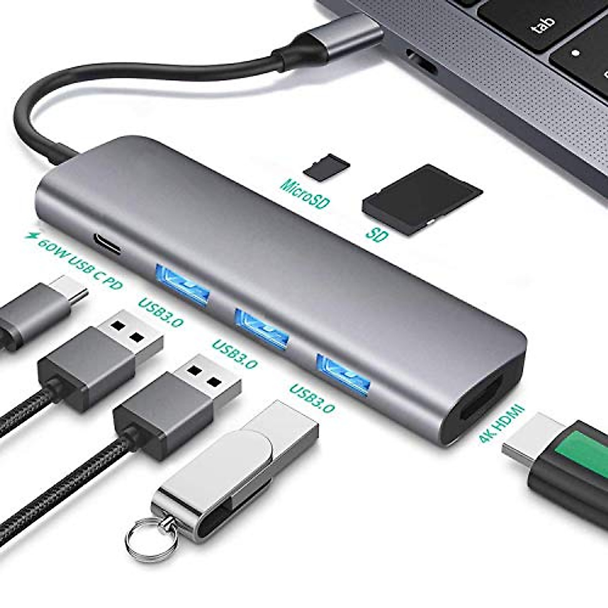USB C Hub HDMI,7-in-1 Aluminum USB Type C Multi-port Adapter Dongle with 4K HDMI, 60W PD Charging,3 USB 3.0 Ports,SDMicro,Compatible with MacBook,HP Spectre,Dell XPS, Lenovo Yoga,ChromeBook,Surface Go