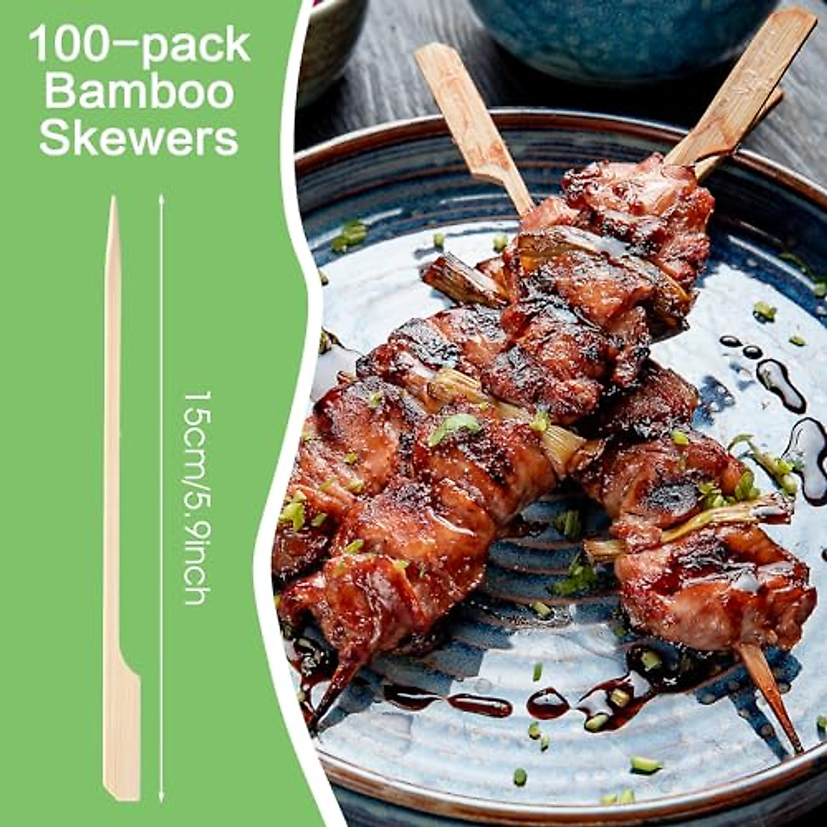 6 inch Bamboo Skewers, 100 PCS Bamboo Sticks for Cocktail Appetizer Toothpicks Kabab Skewers Picks Paddle Wooden Skewers for Cocktail, Fruit, Grilling, Drink, BBQ, Fondue(6 Inch)