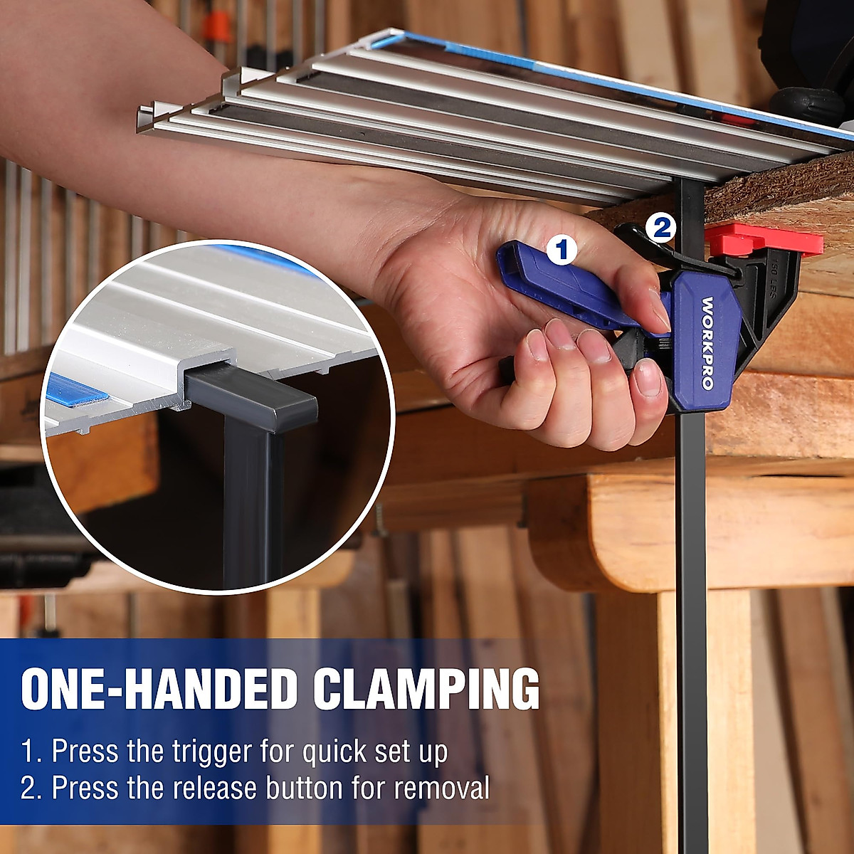 WORKPRO 9" Track Saw Clamps, Quick Release Track Saw Guide Rail Clamp for Woodworking, Circular Saw Guide Rail System, 150lbs Load Limit x 2-1/2" Throat Depth, 2PC