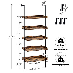 Rolanstar 5-Tier Bookshelf with 3 Hooks, Wall Mount Bookcase with Wooden Edge 72", Storage Rack with Open Shelves Display Plant Flower Stand Organizer for Living Room, Home Office, Rustic Brown