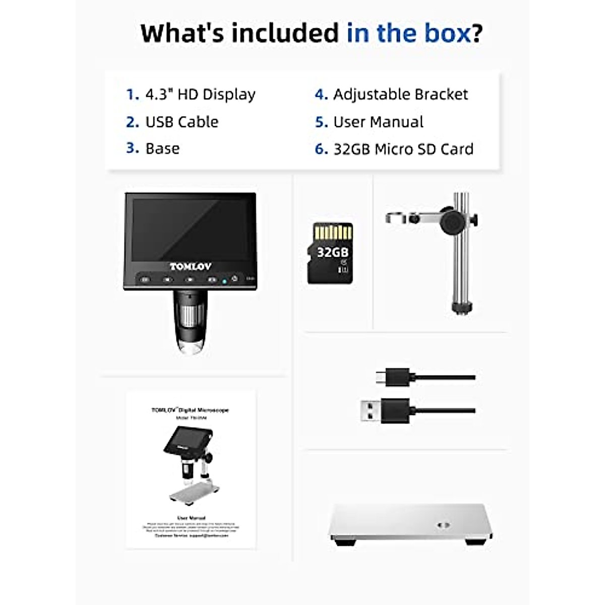 TOMLOV DM4 Coin Microscope 1000X with 4.3" Screen, 720P LCD Microscope with Metal Stand, 8 Adjustable LED Lights, PC View for Kids Adults, Windows Compatible, 32GB TF Card Included
