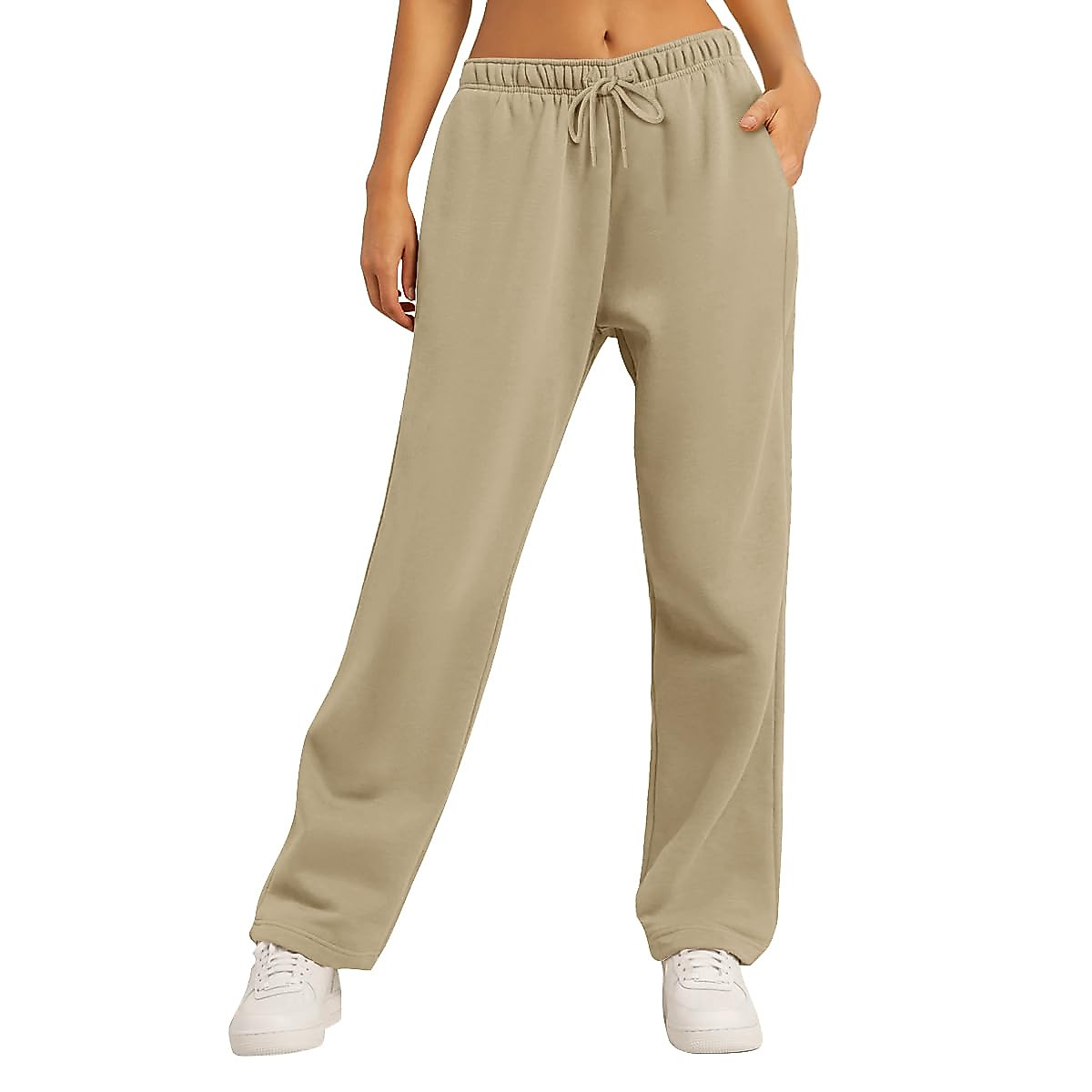 AUTOMET Women's Wide Leg Sweatpants Fleece Lined Baggy Straight Leg Lounge Pants Fall Outfits Athletic Joggers with Pockets Beige L