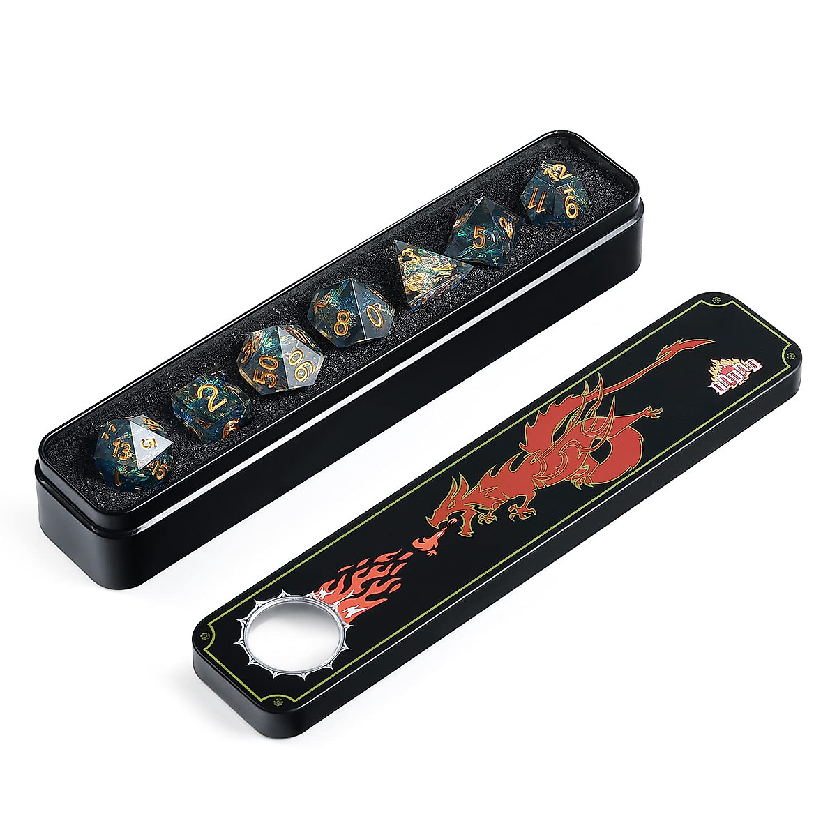 Dungeons and Dragons Dice Set,DNDND Handmade Sharp Edge 7 Die with Gift Dice Case for DND Dungeons and Dragon Game (Dark Cyan with Gold Number)