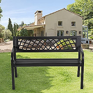 Garden Bench Outdoor Metal Park Benches Cast-Iron Patio Bench with Mesh Pattern Plastic Backrest Armrests for Patio Park Lawn Yard,Black