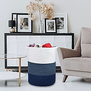 BOSROTY Extra Large Blanket Basket, Tall Laundry Basket, Laundry Hamper, Large Storage Basket, 15.7”x 21.7”,Cotton Rope Basket, Woven Basket, Toy Basket, Clothes Baskets, White&Cadet Blue&Navy Blue