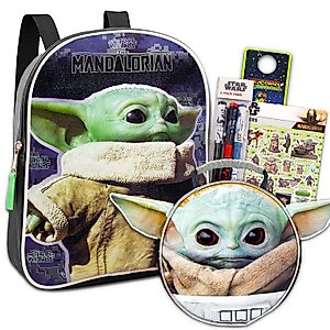 Baby Yoda Backpack with Lunch Box Set - Bundle with Baby Yoda Backpack, Baby Yoda Lunch Box, Water Bottle, Stickers, More | Star Wars Backpack Kids
