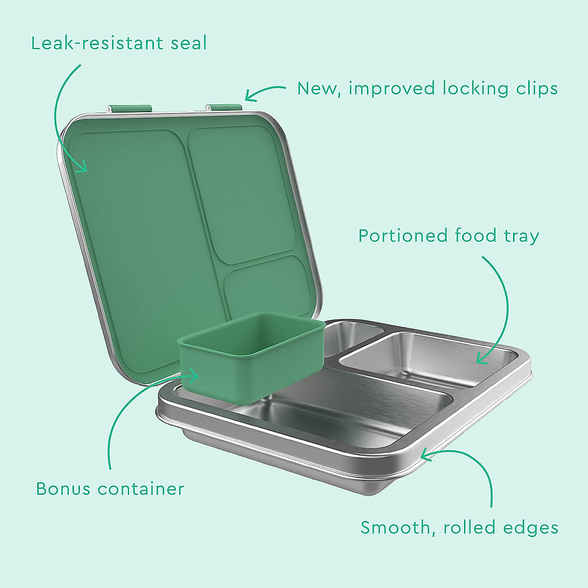 Bentgo® Kids Stainless Steel Leak-Resistant Lunch Box - Bento-Style Redesigned in 2022 w/Upgraded Latches, 3 Compartments, & Extra Container - Eco-Friendly, Dishwasher Safe, Patented Design (Green)