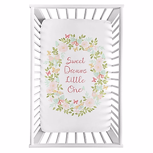 Sweet Jojo Designs Blush Pink, Mint and White Watercolor Rose Baby Girl Fitted Mini Portable Crib Sheet for Butterfly Floral Collection - Sweet Dreams Little One - for Mini Crib or Pack and Play ONLY
