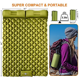 Double Sleeping Pad, Ultralight 4" Extra-Thick Self Inflating Sleeping Mat for 2 Person with Pillow Built-in Foot Pump Portable Camping Mat for Backpacking, Hiking, Traveling, Tent (Army yellow)